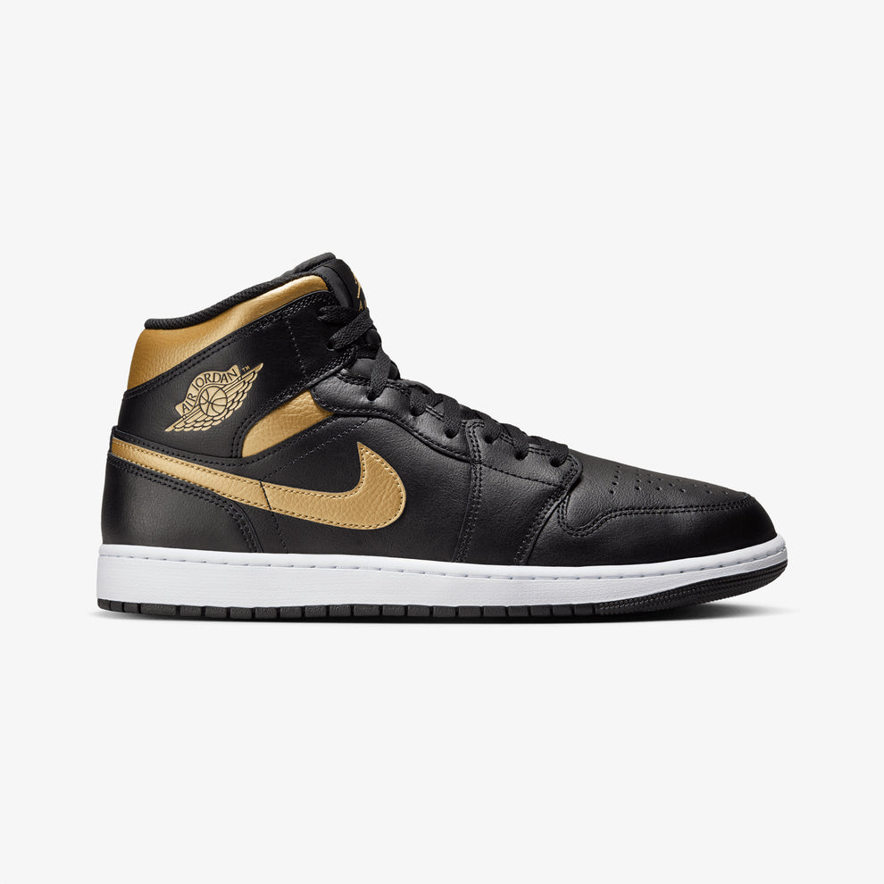 JORDAN | AIR JORDAN 1 MID { BLACK/METALLIC GOLD-WHITE – Superkicks